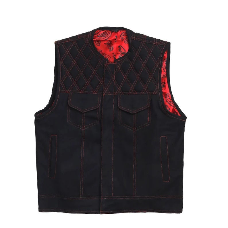 Black Denim Vest Leather vest Red Stich Leather Motorcycle Diamond Qui ...