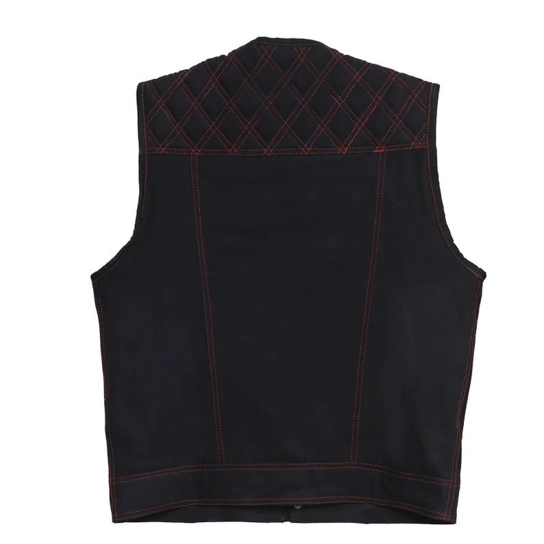 Black Denim Vest Leather vest Red Stich Leather Motorcycle Diamond Qui ...