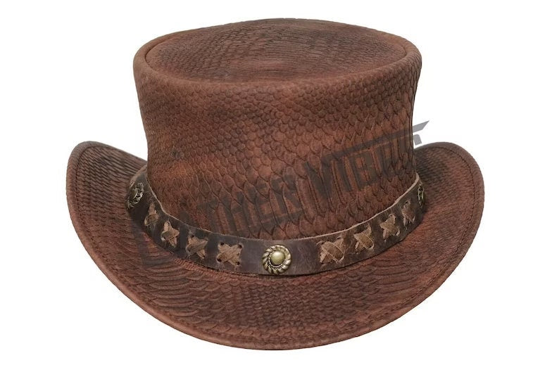 Top Hat-Snake Plated Distress Brown Leather hat,Leather Top Hat, Gothic ...