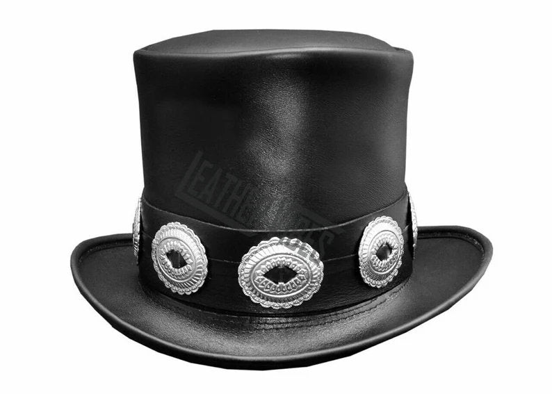Top Hat-Rocker Black Leather Slash Style Conchos Band,Gothic Top hat,C ...
