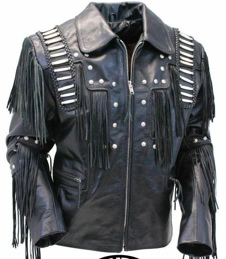 Men's Traditional Western cowboy Leather Jacket coat With Fringes Bone ...