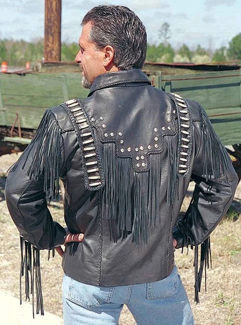 Men's Traditional Western cowboy Leather Jacket coat With Fringes Bone ...