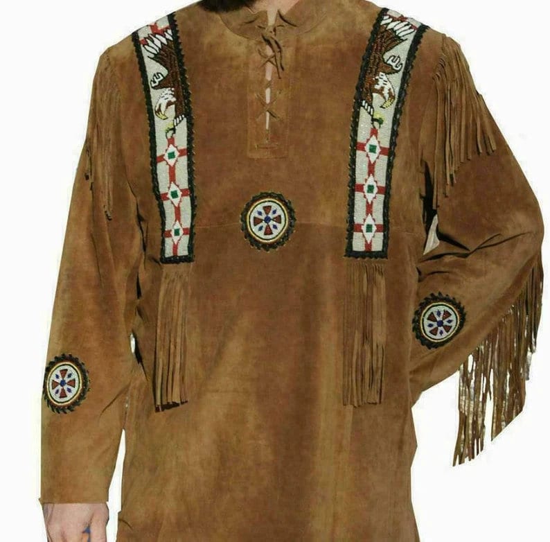 Men Native American Western Cowboy Leather Jacket Suede Coat Fringe Ea ...