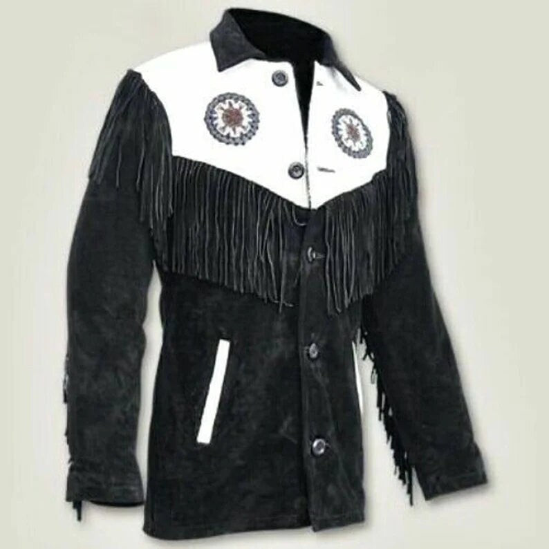 Leather jacket Men's Traditional Native Black & White Classic Suede ...